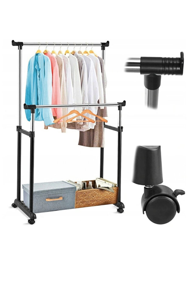 Prime Deals Suport Umeras Haine Reglabil cu 2 Bare, Telescopic, cu Roti ...