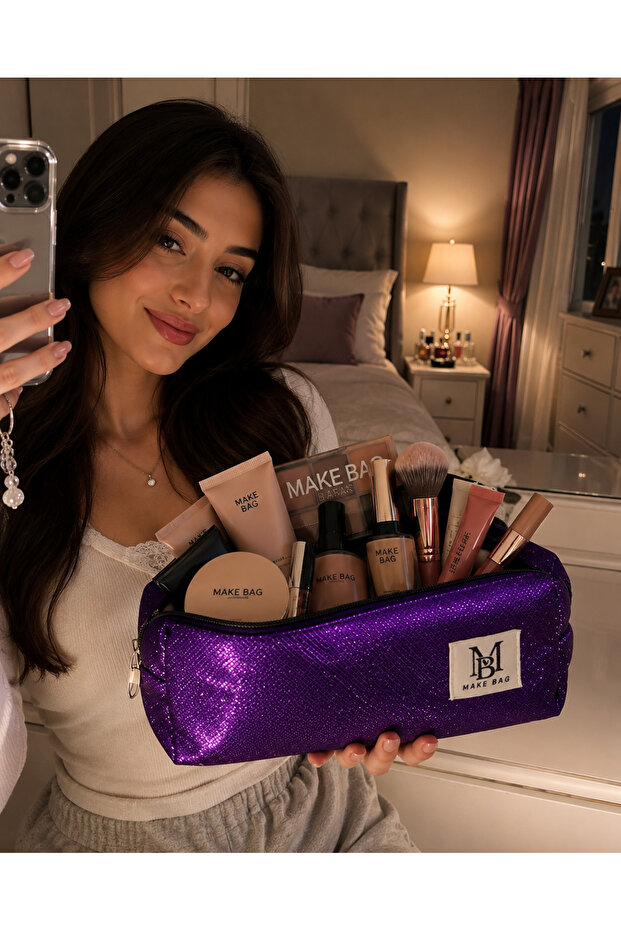 MAKE BAG BÜYÜLTÜLMÜŞ MOR PULLU ORTA BOY MAKYAJ ÇANTASI - Fiyatı, Yorumları