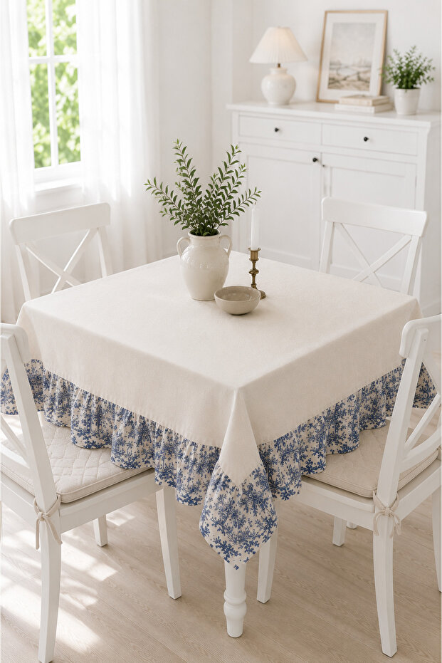 Luxoras Home Keten Lacivert Fransız Köylü Desenli Fırfırlı Masa Örtüsü ...