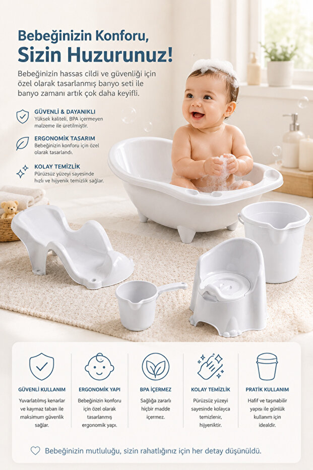 Virela Home 5 Parça Bebek Banyo Seti Mavi Bebek Küveti Kaydırmaz Banyo ...