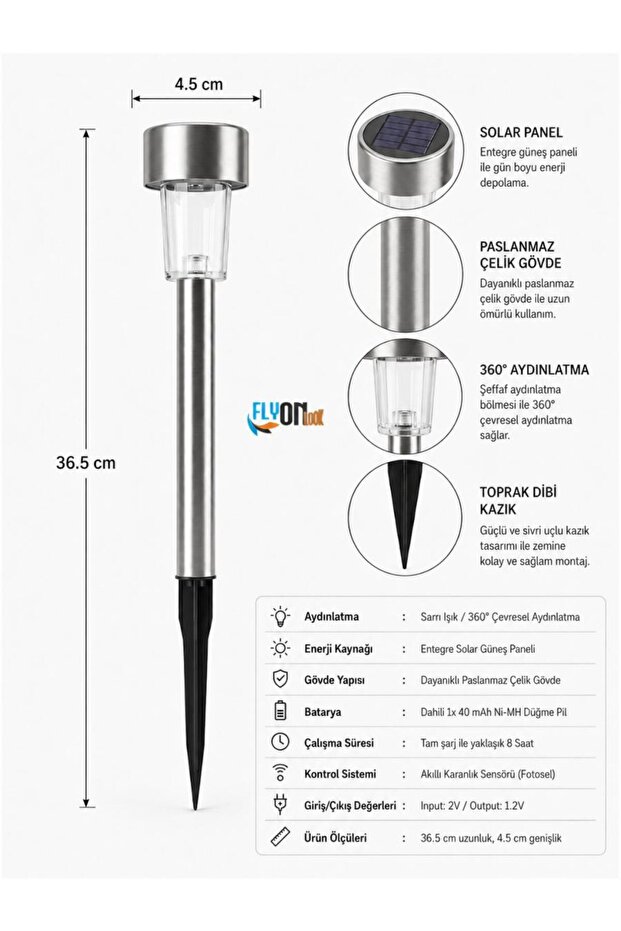 FLYONLOOK 10’lu Solar Bahçe Lambası Sarı Işık Paslanmaz Çelik Gövde 360 ...