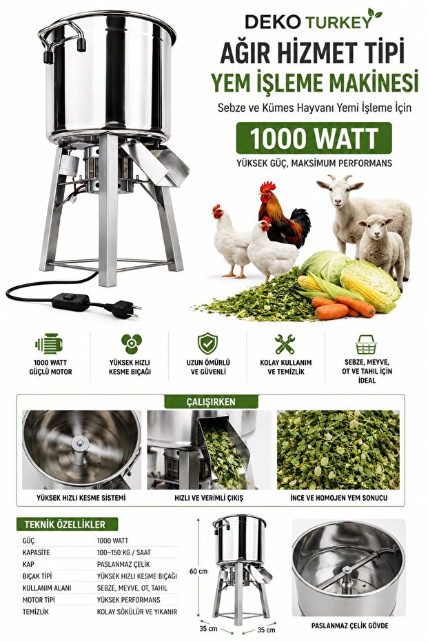 DEKO TURKEY 1000W Elektrikli Yem Parçalama Makinesi Paslanmaz Çelik ...