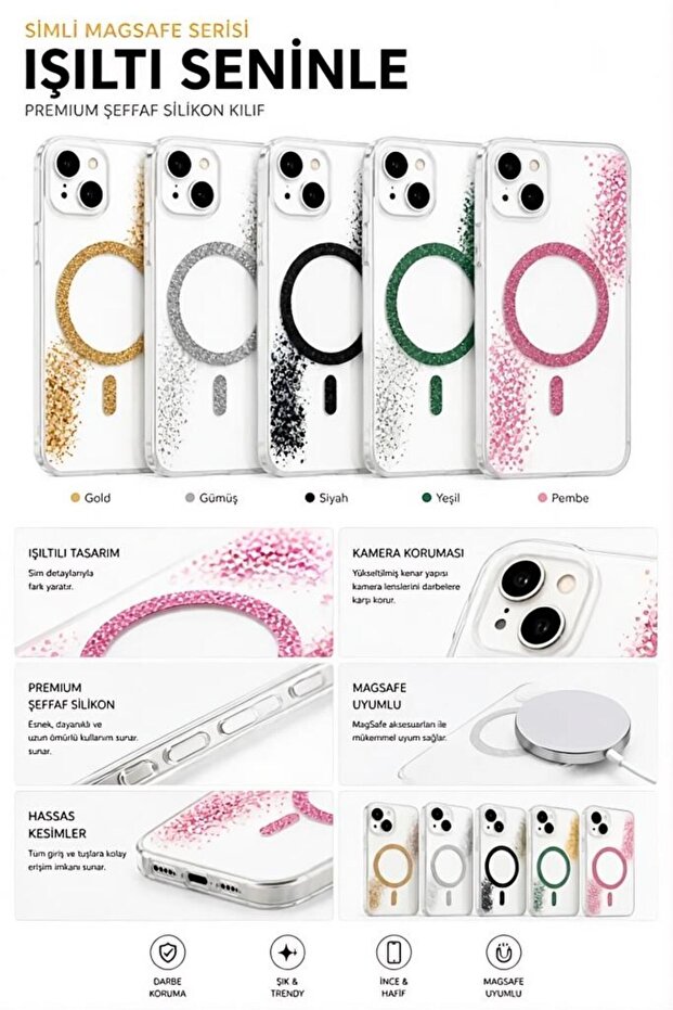 3GEN CASE iPhone 17 Pro Uyumlu Glitter Kristal Simli Wireless Kablosuz ...