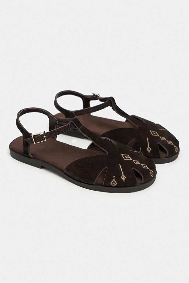 NİŞANTAŞI SHOES Wood Bitter Kahve Süet Deri Nakış Detay Düz Taban Kadın ...