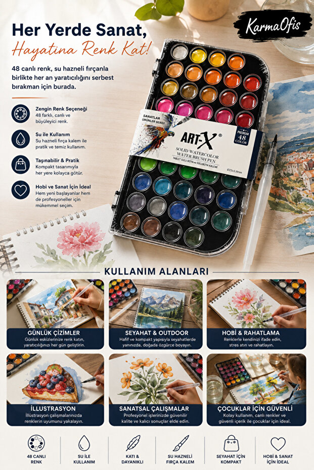 KarmaOfis ART-X 48 Renk Solid Suluboya Seti Su Hazneli Fırça Kalemli ...