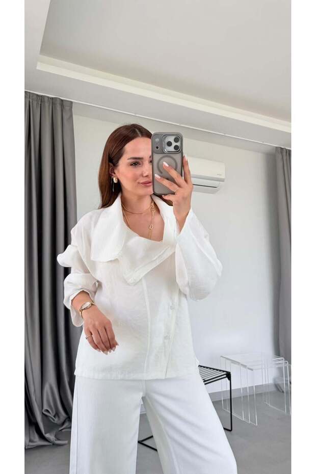 pelin yıldız butik Beyaz Elsa Dik Yakalı Gömlek - Fiyatı, Yorumları