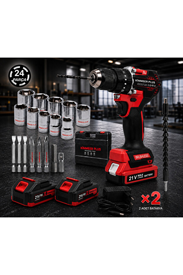 KİMMEER PLUS 21 V 5 PİLLİ ÇİFT AKÜLÜ KÖMÜRSÜZ 24 PARÇA ÇELİK MANDREN ...
