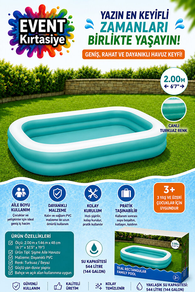 EVENT Dikdörtgen Şişme Aile Boy Havuz 200x146x48 cm Büyük Boy Bebek ...
