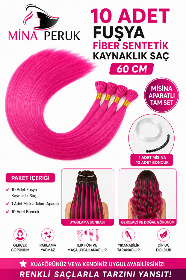 Mina Peruk AÇIK FUŞYA Mat Görünümlü Fiber Sentetik Boncuk Kaynak Saç 60 ...