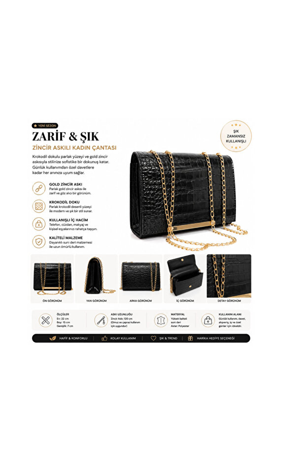 NO NAME Noir croco desenli gold kadın çantası - Fiyatı, Yorumları