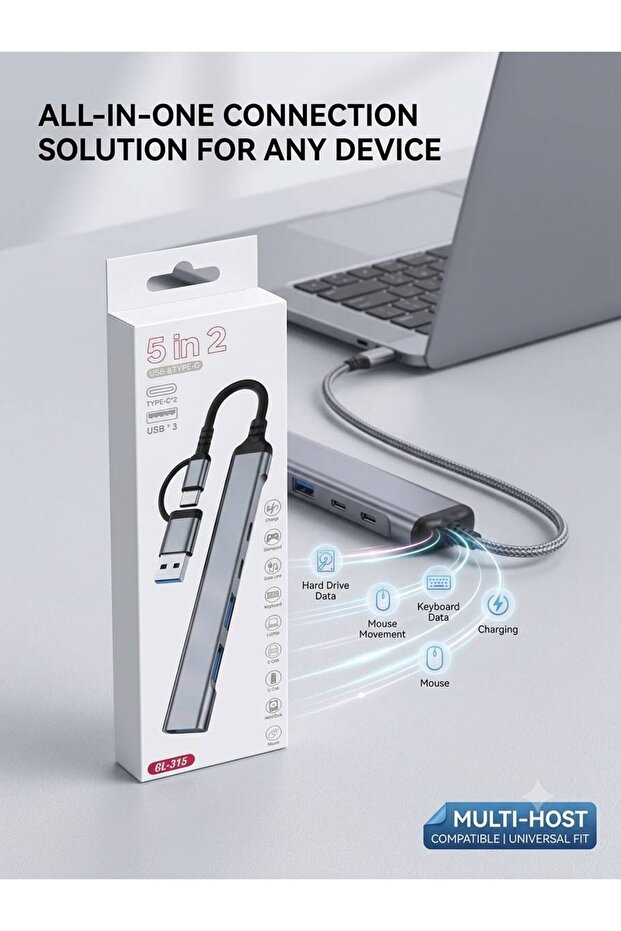 USB 5 in 2 & Type-C Çok Fonksiyonlu Çoklayıcı Hub - Fiyatı, Yorumları
