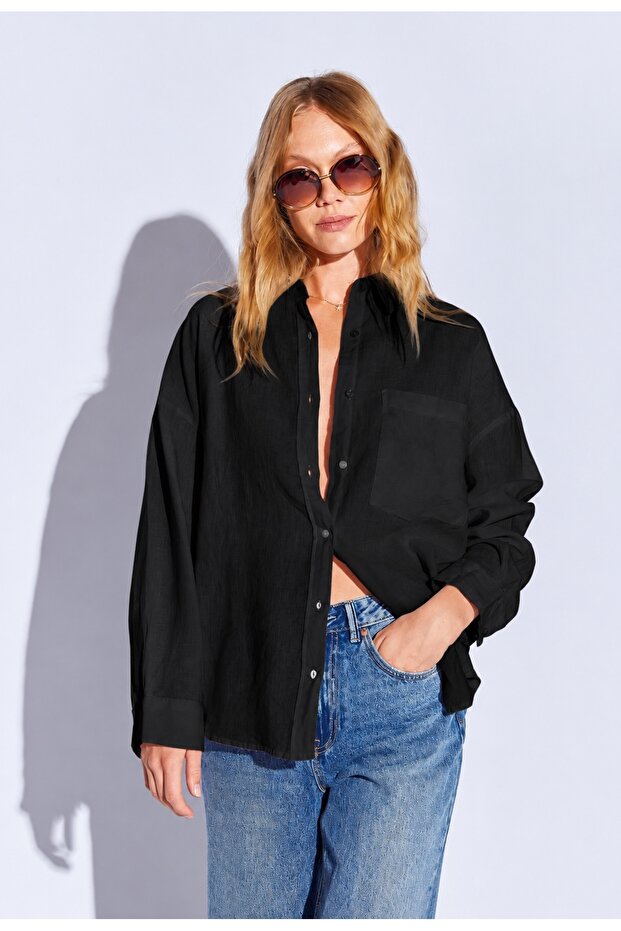 EDITION WOMAN %100 Saf Keten Yıkamalı Lüx Tek Cep Oversize Kadın Gömlek ...