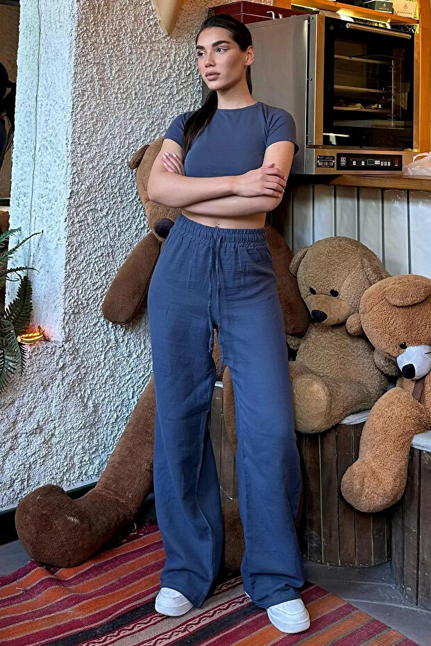 TRENDNATUREL Julia Lacivert Beli Büzgülü Bol Paça Kadın Pantolon Yeni ...