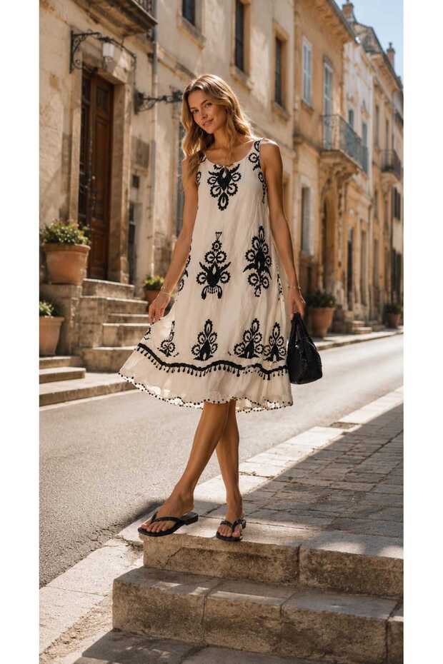 moonra collection Krem Etnik Desen Midi Boy Trend Viskon Elbise ...