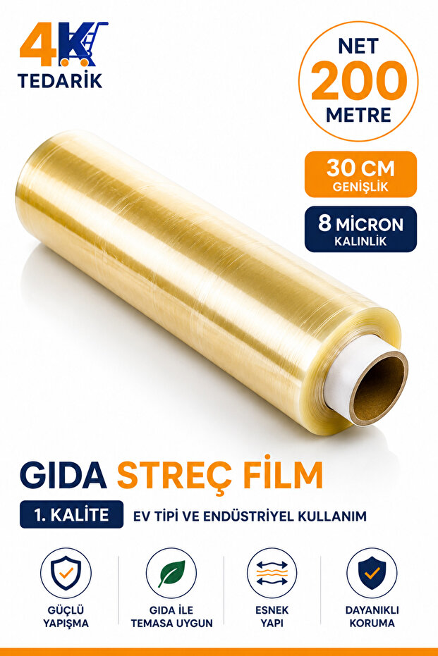4K TEDARİK 200 metre x 30 cm Gıda Streçi 8 Micron | Kutusuz Ev Tipi ve ...