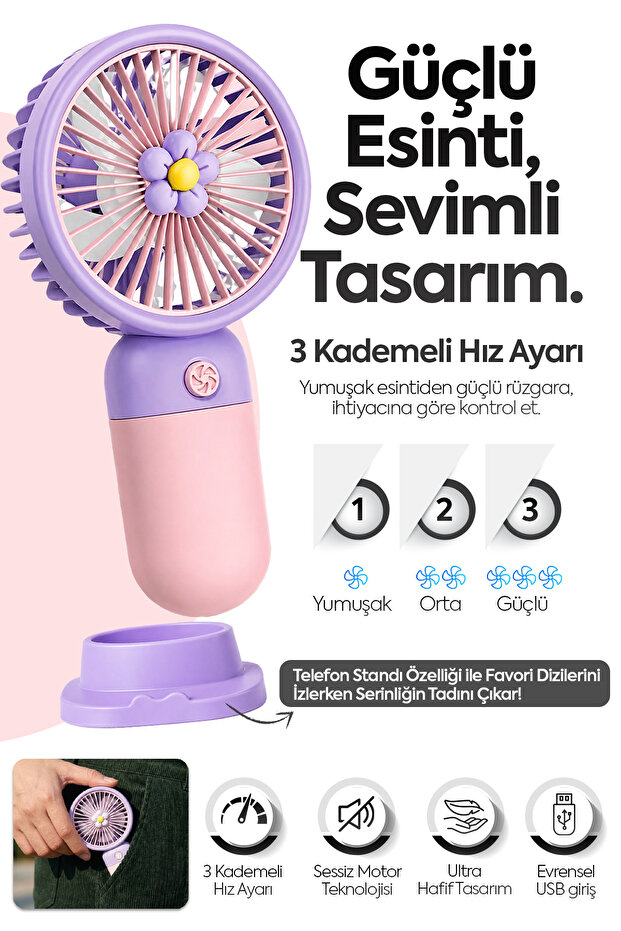 Kitchen Time Pembe Çiçek Tasarım 3 Kademe Sessiz Mini El Masa Fan ...