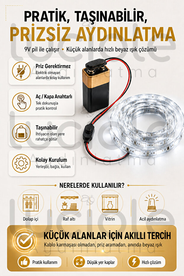 luciole 2 Metre Beyaz 9V Pilli Anahtarlı Şerit LED Set Pil Dahil ...