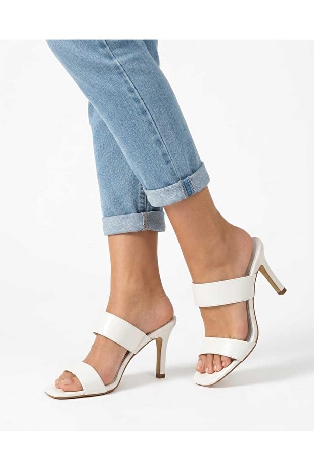 LIVONIA SHOES BEYAZ TESLA CİLT ÇİFT BANT İNCE TOPUKLU ABİYE AYAKKABI ...