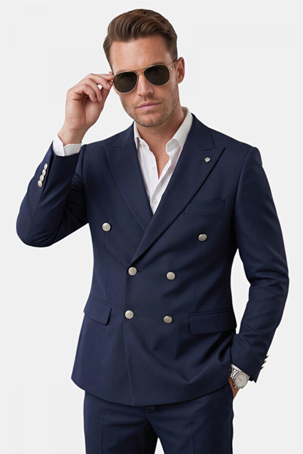 Rizz up Men's Navy Blue Slim Fit Double Breasted Suit with Lycra ...