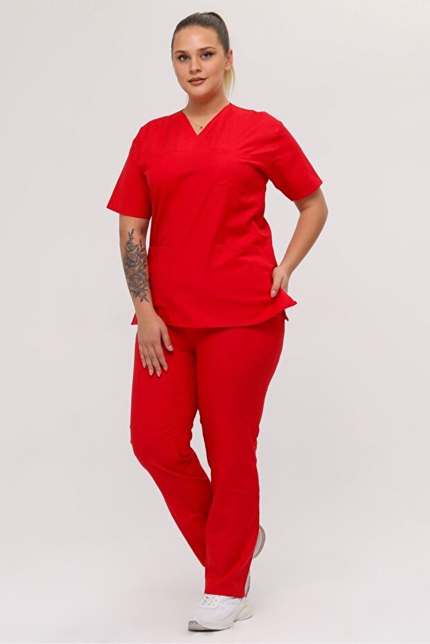 scrubso Nova Zarf Yaka Kırmızı Likrasız İnce Kumaş Hemşire Doktor Forma ...