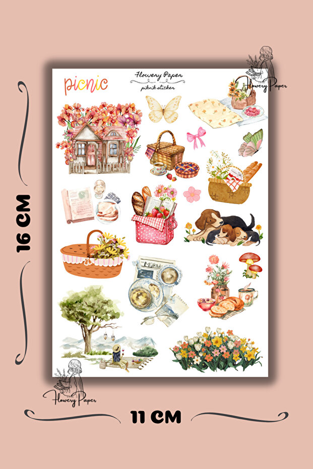 Flowery Paper 5'li Piknik temalı Sticker sayfası , Defter,ajanda ...