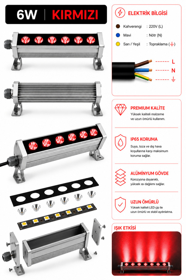 Enso Tasarım 6W 20 Cm Kırmızı LED Wallwasher Dış Cephe Duvar Cami Bahçe ...