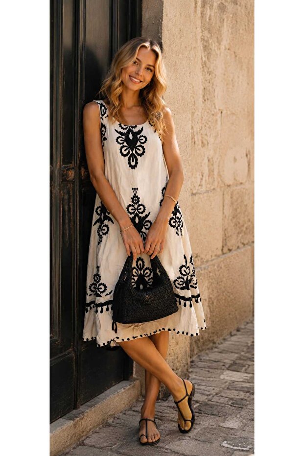 moonra collection Krem Etnik Desen Midi Boy Trend Viskon Elbise ...