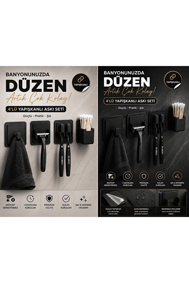 3D 4’lü Yapışkanlı Banyo Askı Seti Duvar Tipi Havlu Jilet Diş Fırçası ...