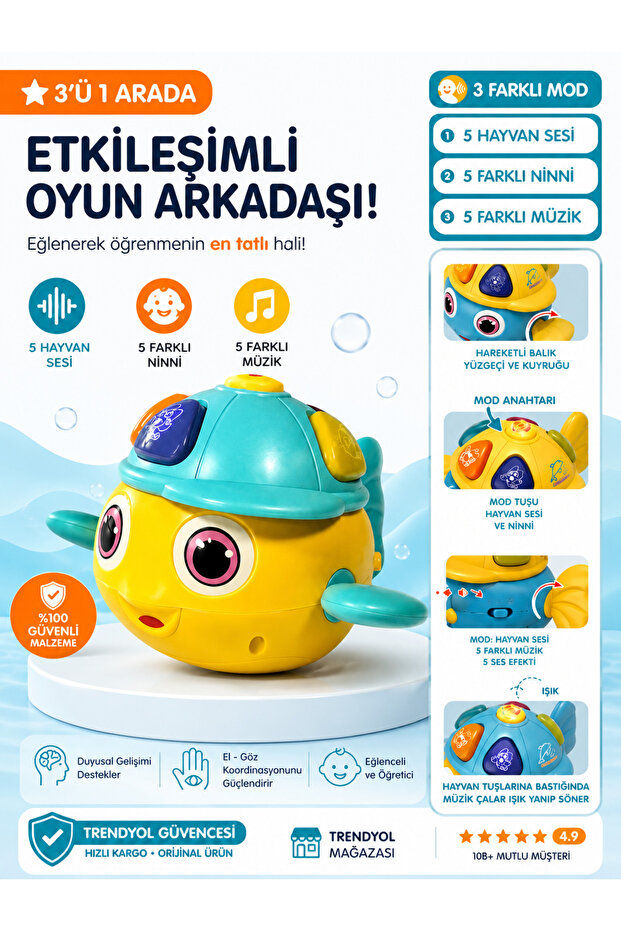 BALUMİ Işıklı Müzikli Balık Oyuncak Bebek Piyanosu Hayvan Sesli Eğitici ...