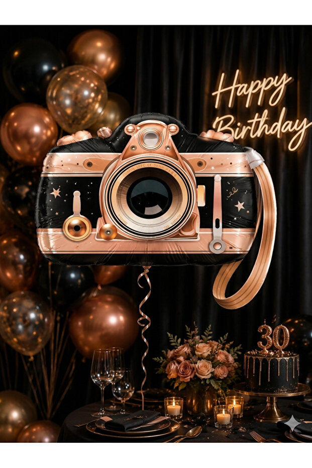 party mix Kamera Fotoğraf Makinesi Folyo Balon 65x50 cm Siyah Rose Gold ...