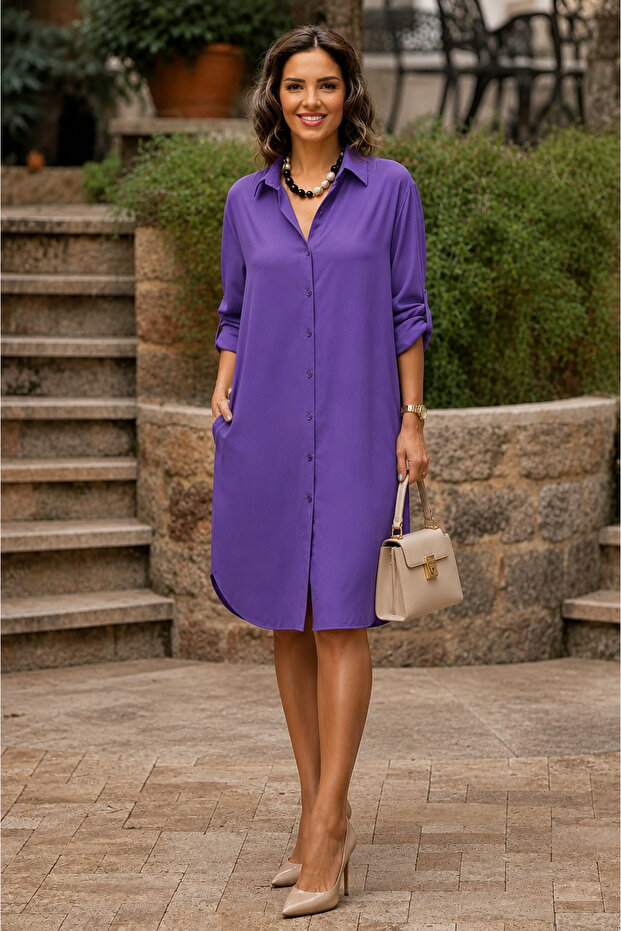 Nevin Kaya Moda Rochie cămașă de culoare violet, 100% bumbac, lungime ...