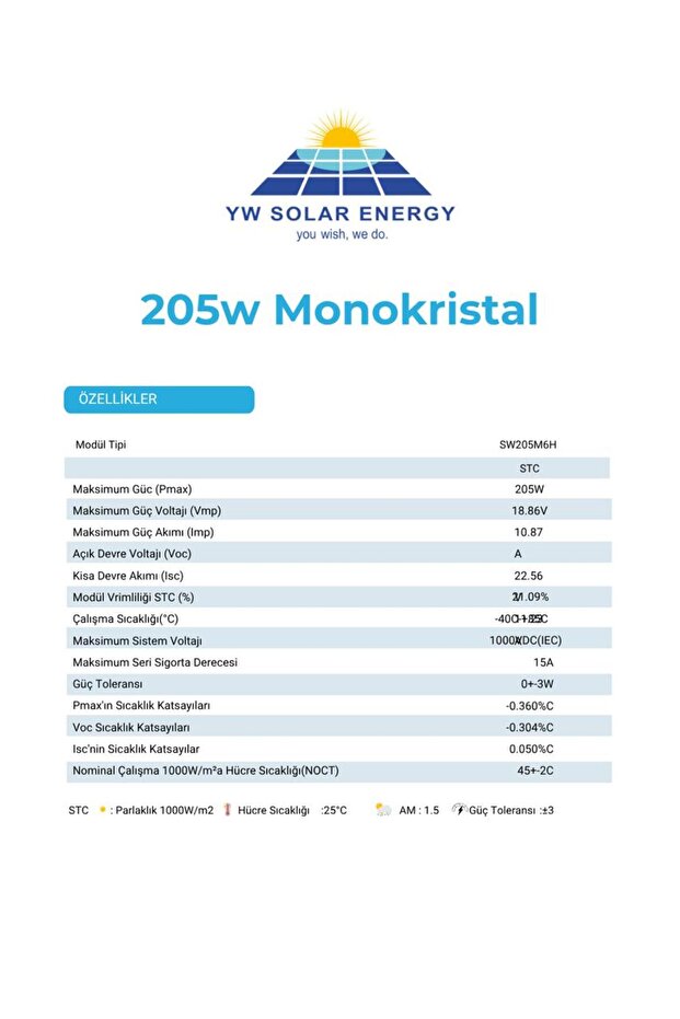 SUNWATT 205W MONOKRİSTAL A+ KALİTE GÜNEŞ PANELİ 1.SINIF YW SOLAR ...