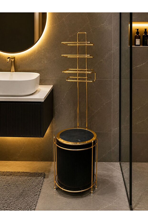 Meralles Lüks Gold Altın Rengi Metal Banyo WC Kovası Havluluk 2 li Set ...