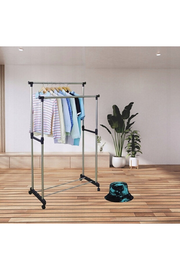 Prime Deals Suport Umeras Haine Reglabil cu 2 Bare, Telescopic, cu Roti ...