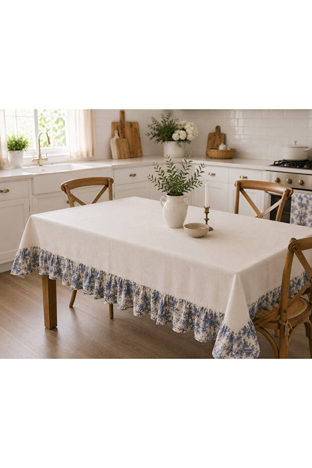 Luxoras Home Keten Lacivert Fransız Köylü Desenli Fırfırlı Masa Örtüsü ...