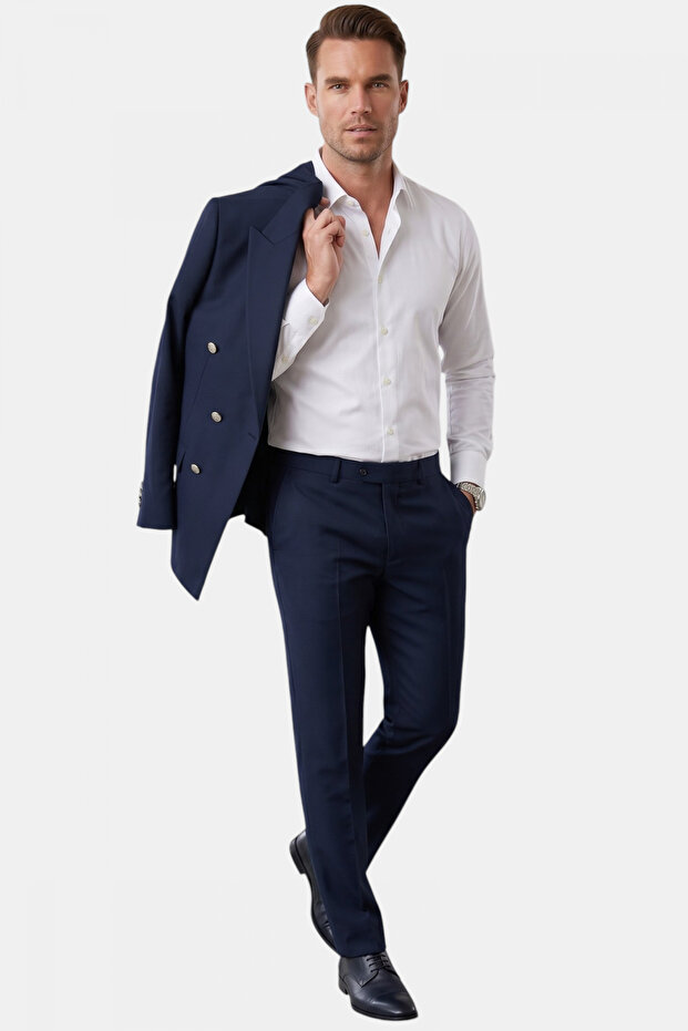 Rizz up Men's Navy Blue Slim Fit Double Breasted Suit with Lycra ...