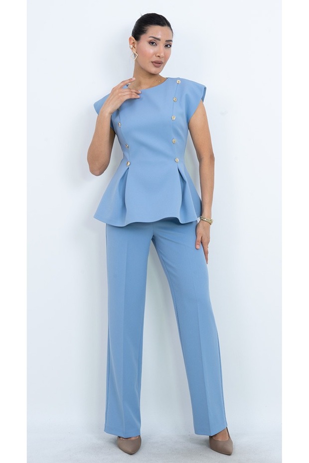 Dorne Moda Özel Koleksiyon Kruvaze Gold Düğmeli Peplum Bluz Ve Pantolon ...
