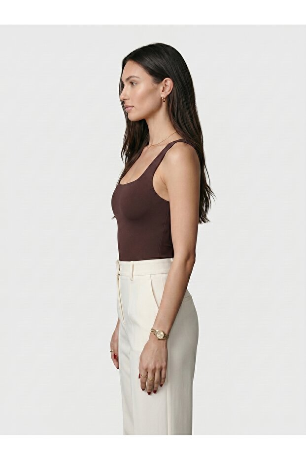 Noe Collection Kadın Kare Yaka Kalın Askılı Slim Fit Bodysuit Çıtçıtlı ...