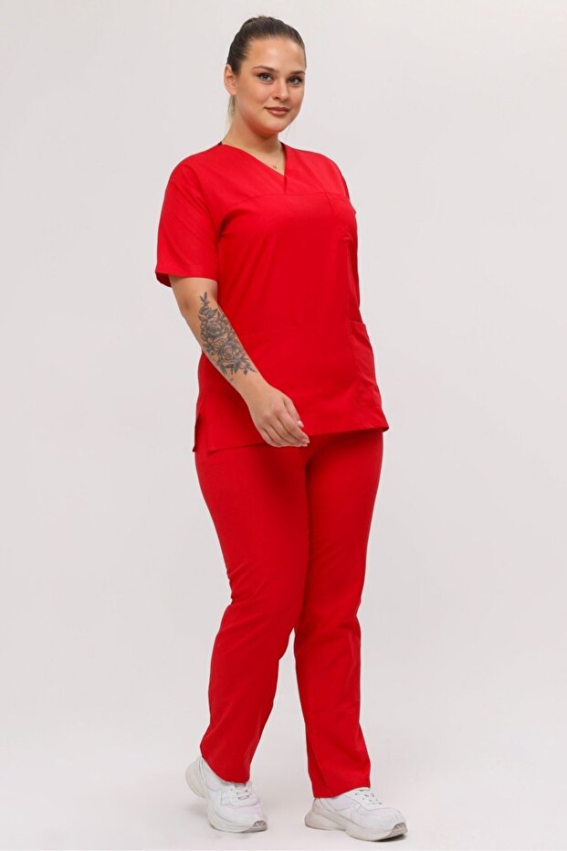 scrubso Nova Zarf Yaka Kırmızı Likrasız İnce Kumaş Hemşire Doktor Forma ...
