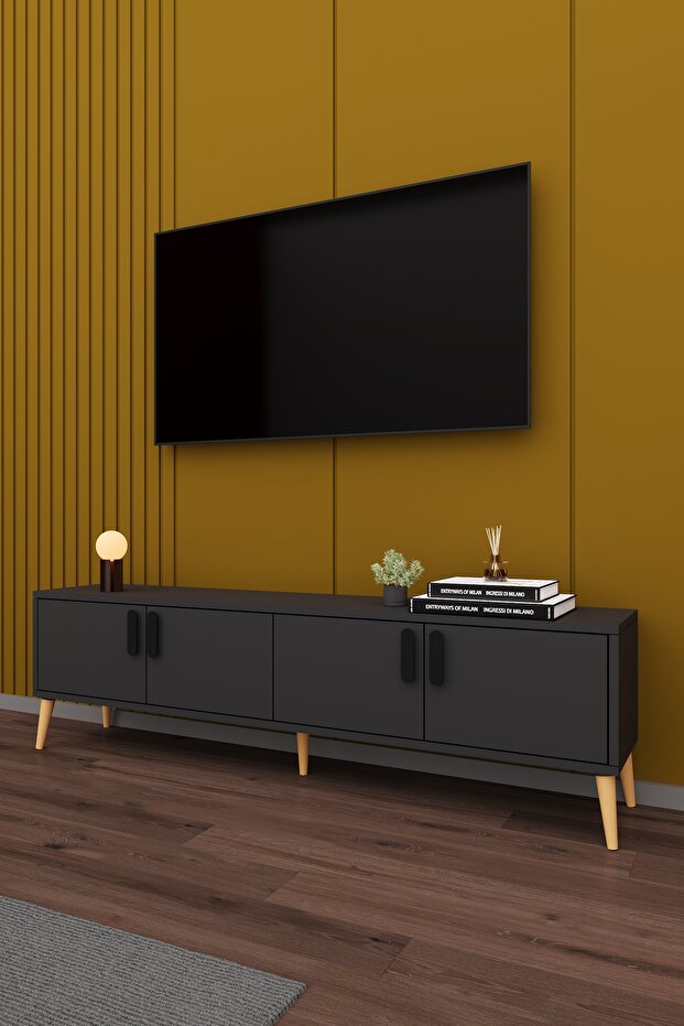 Asra Trend Modern TV Ünitesi %100 MDF 4 Kapaklı Ahşap Ayaklı Televizyon ...