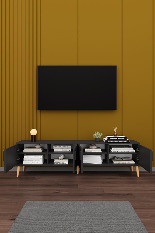 Asra Trend Modern TV Ünitesi %100 MDF 4 Kapaklı Ahşap Ayaklı Televizyon ...