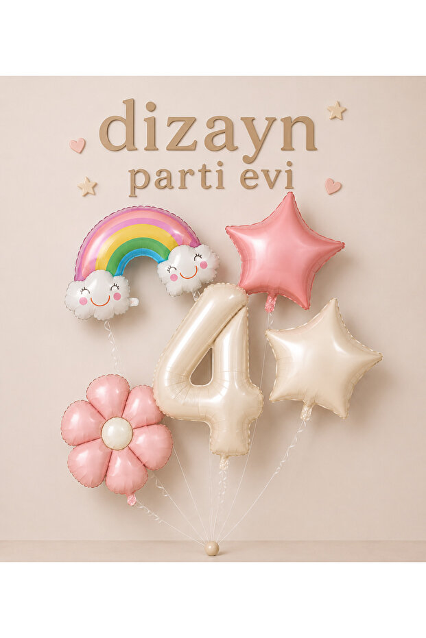 Dizayn Parti Evi Pastel Tonlu Krem Rakam Folyo Balon Seti 1 2 3 4 Yaş ...