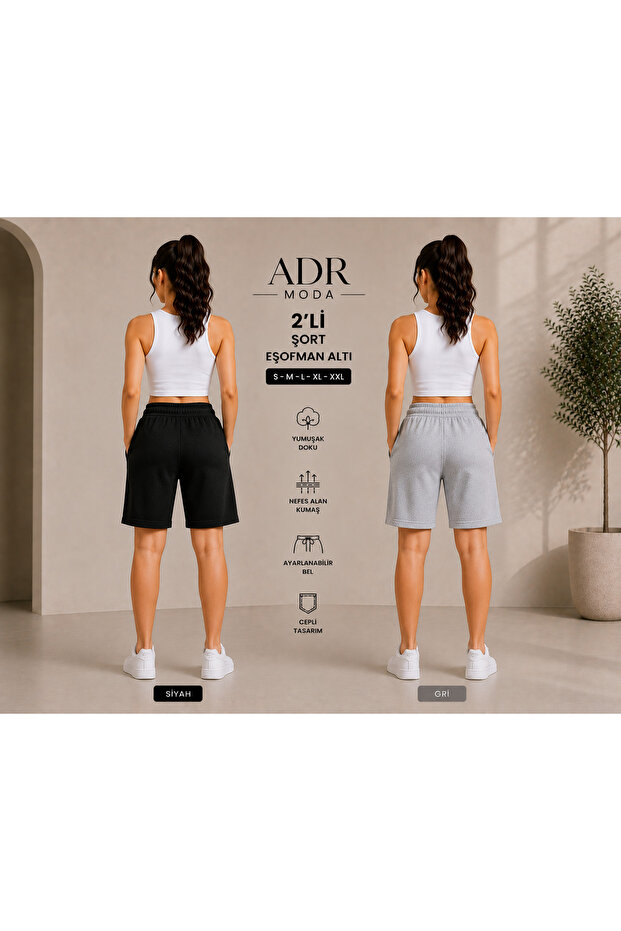 ADR MODA Basic Şort 2’li Set Siyah Gri Günlük Rahat Şort İç Göstermez ...