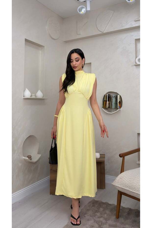miraylawear NİCOLETTE FİYONK YAKA DETAYLI SARI RENKLİ KADIN MİDİ ELBİSE ...