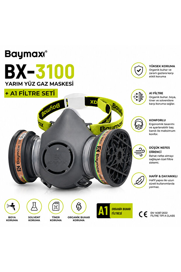 Baymax BX-3100 Yarım Yüz Gaz Maskesi + A1 Filtre Seti | Boya, Solvent ...