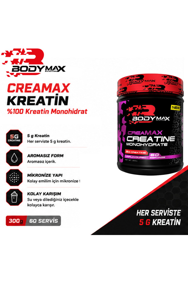 BODYMAX Creamax Kreatin Monohidrat %100 Creatine Monohydrate 300 Gr 60 ...