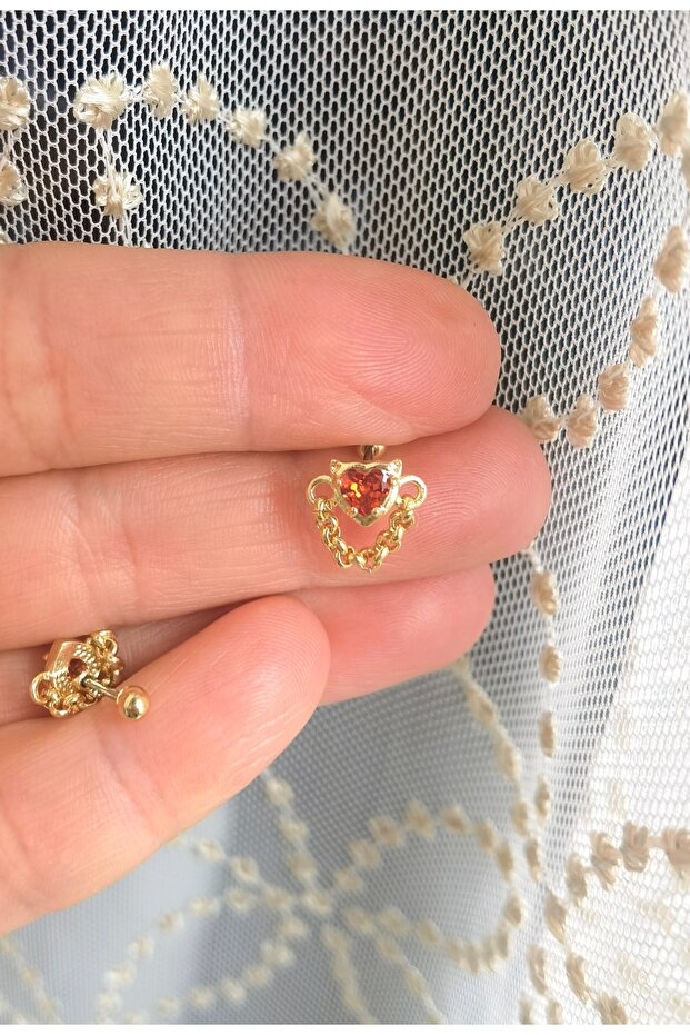 Bylin Cerrahi Çelik Barlı Zincirli Kalp Piercing Küpesi- Bar Uzunluğu 6 ...