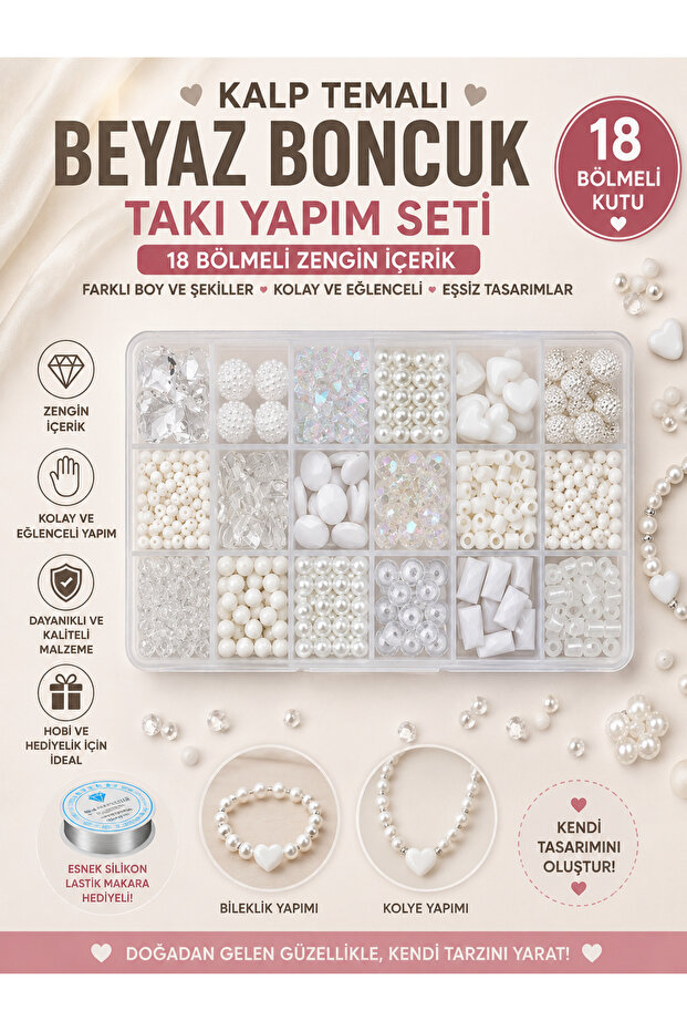By MO Accessories Beyaz Kalp Temalı Boncuklarla Bileklik Kolye Takı ...