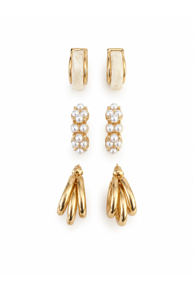 OZY COLLECTION İnci, krem gold detaylı 3'lü küpe seti - Fiyatı, Yorumları