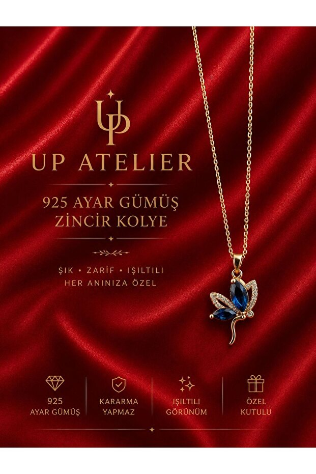 Up Atelier 925 Ayar Gümüş İthal Zincirli Zirkon Mavi Taşlı Kelebek ...